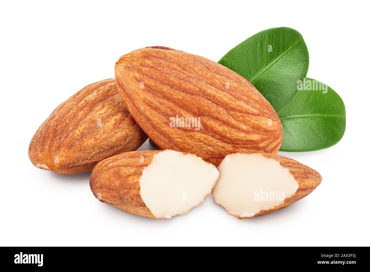 Almonds nuts with leaves isolated on white background with clipping ...