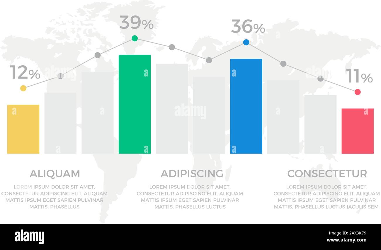 Set of yellow, green, blue and red elements for infographic with world ...