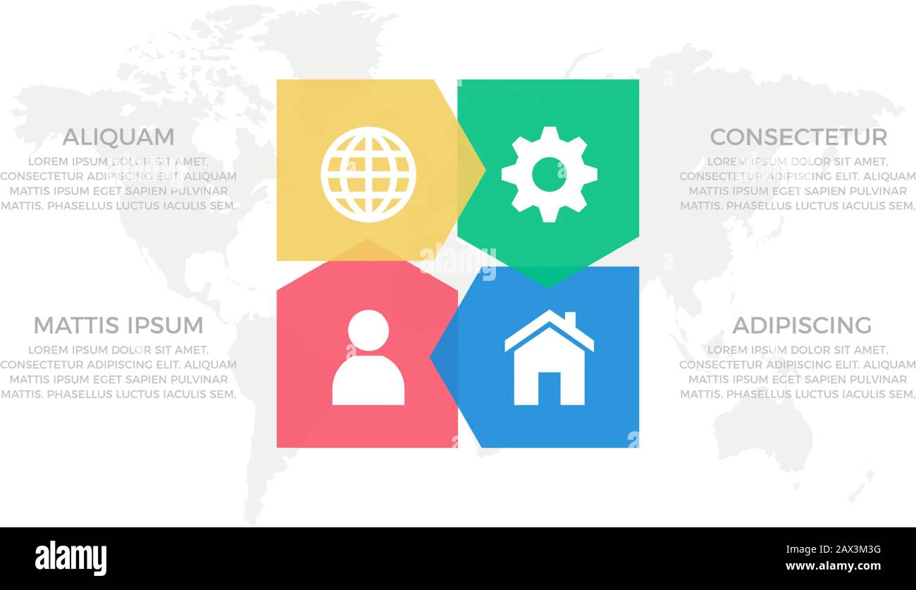 Set of yellow, green, red and blue elements for infographic with world ...