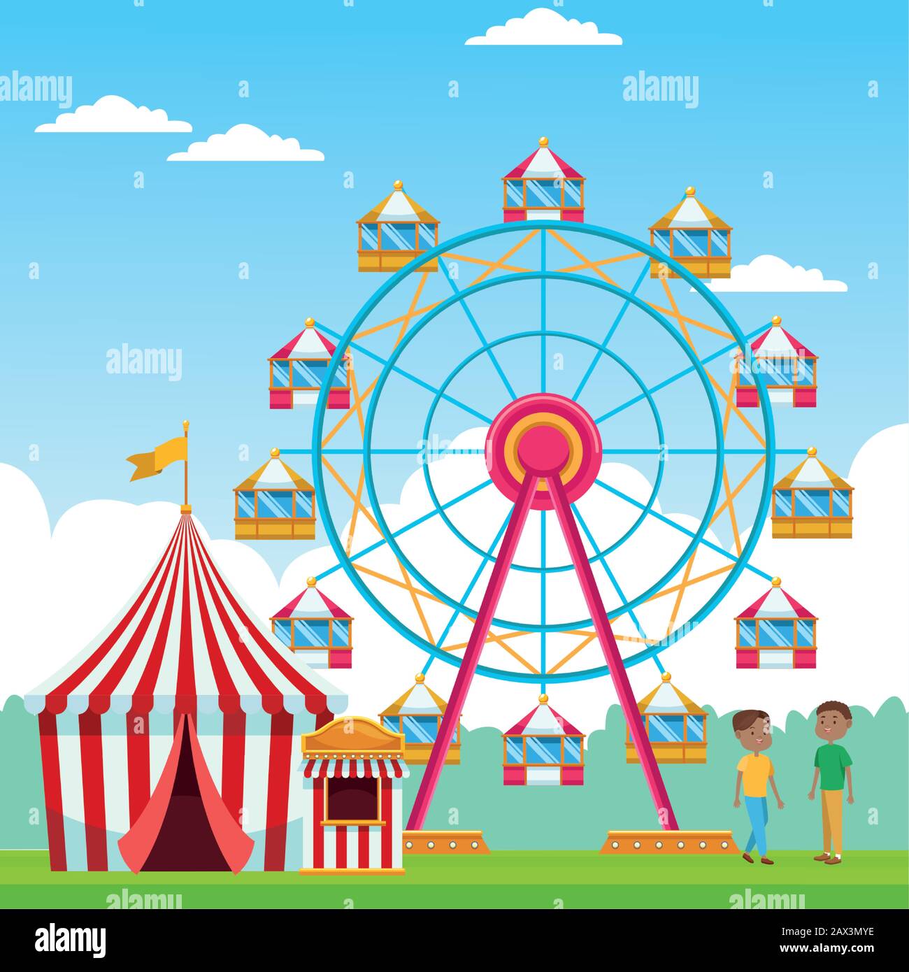 Happy boys in the fair with ferris wheel and fair tent over landscape ...