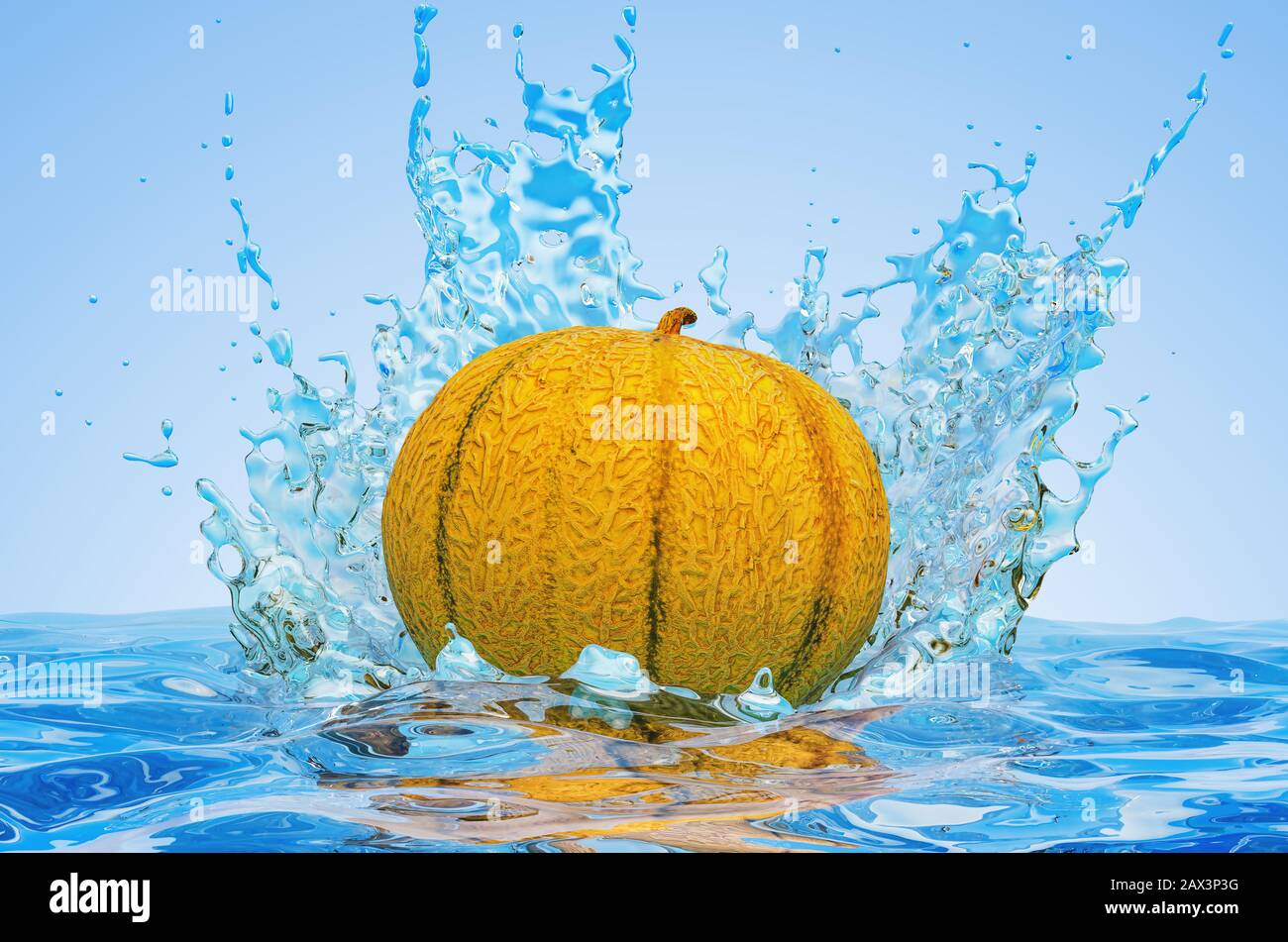 Melon with water splashes, 3D rendering on blue background Stock Photo ...
