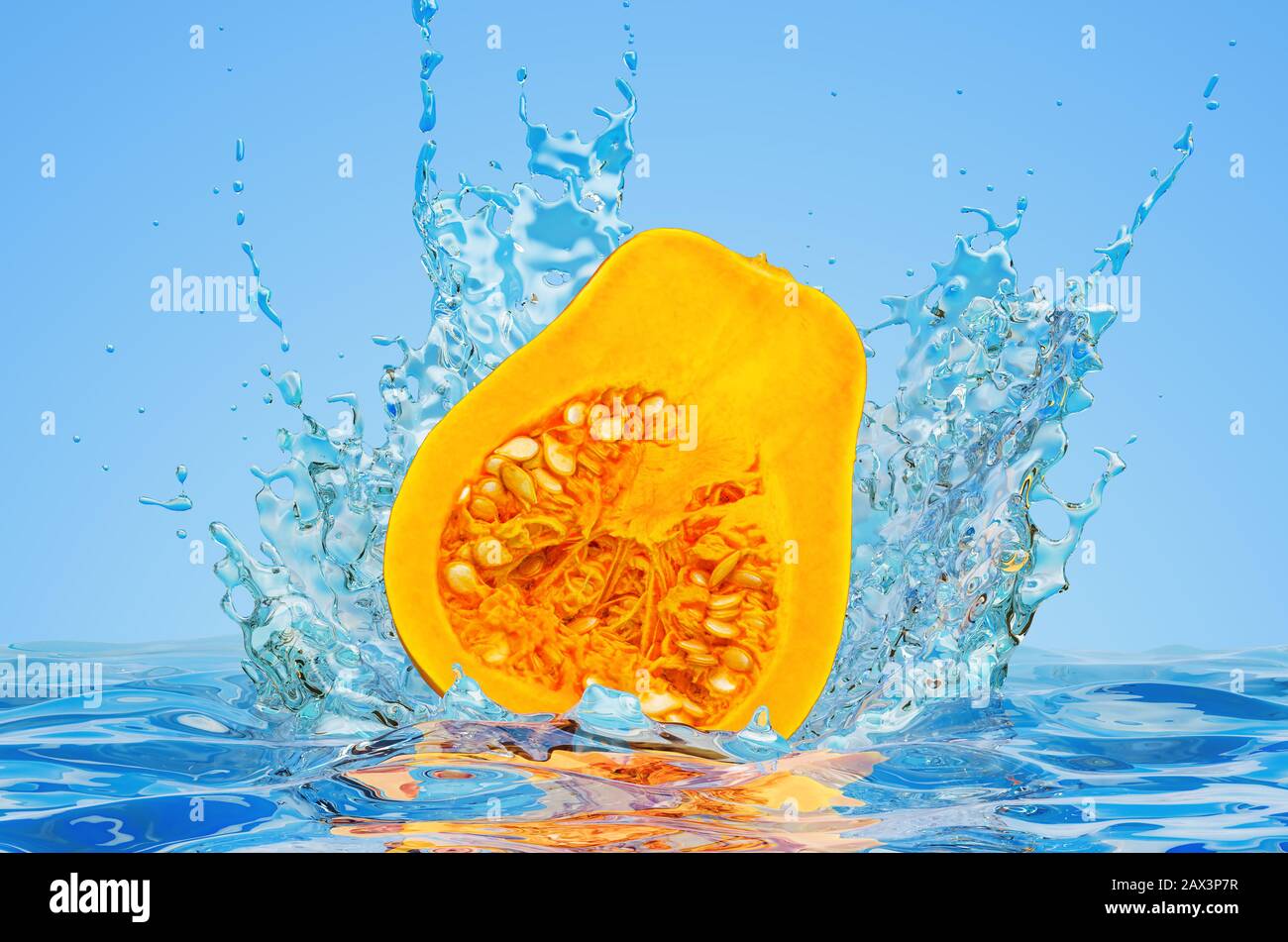 Squash with water splashes, 3D rendering on blue background Stock Photo ...