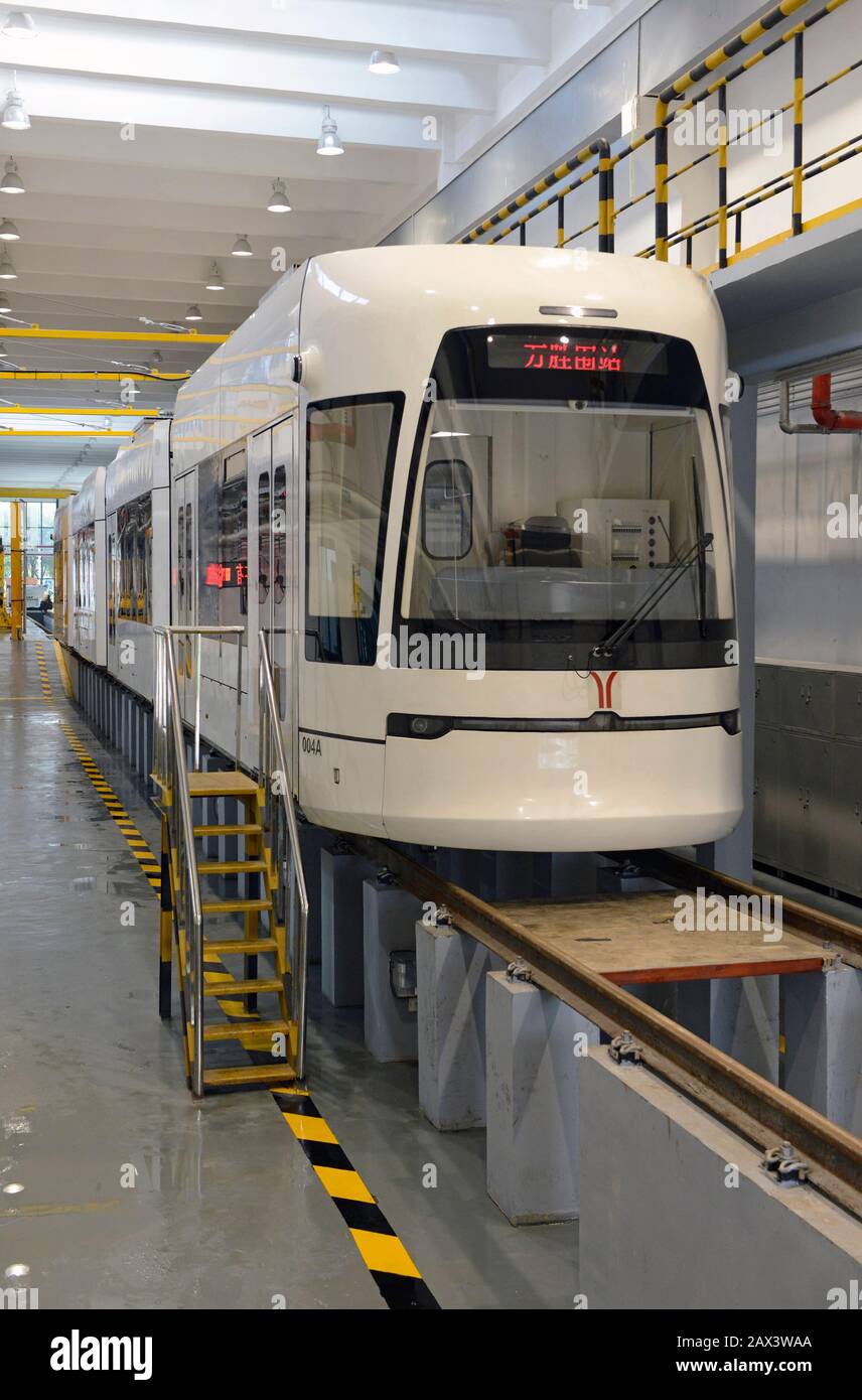 A tram in the depot on the Haizhu tram system in Guangzhou, China Stock ...