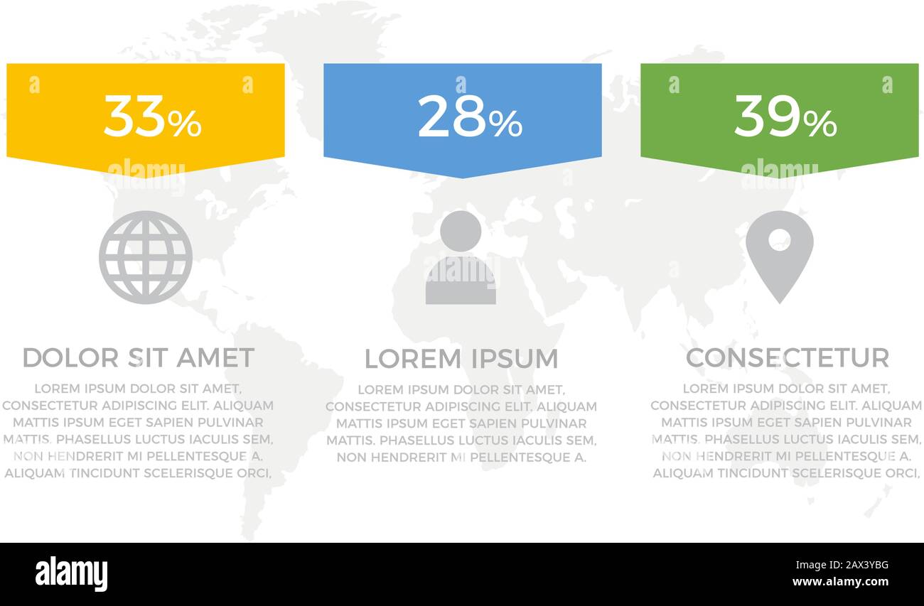 Set of yellow, green and blue elements for infographic with world map ...
