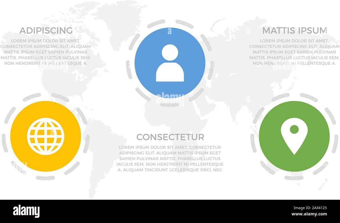 Set of yellow, blue and green elements for infographic with world map ...