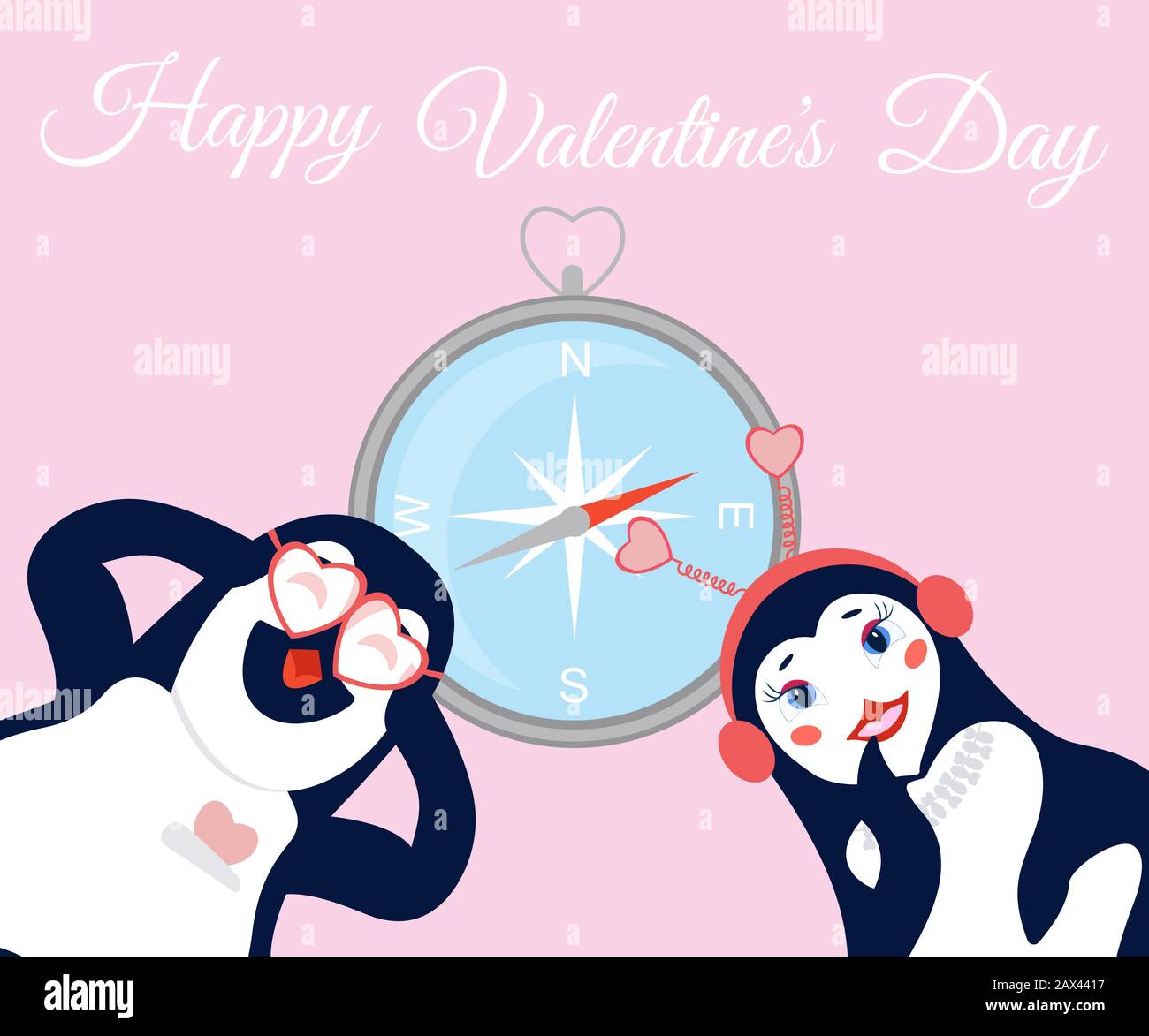 Vector flat cartoon illustration of a penguin couple.A couple of ...