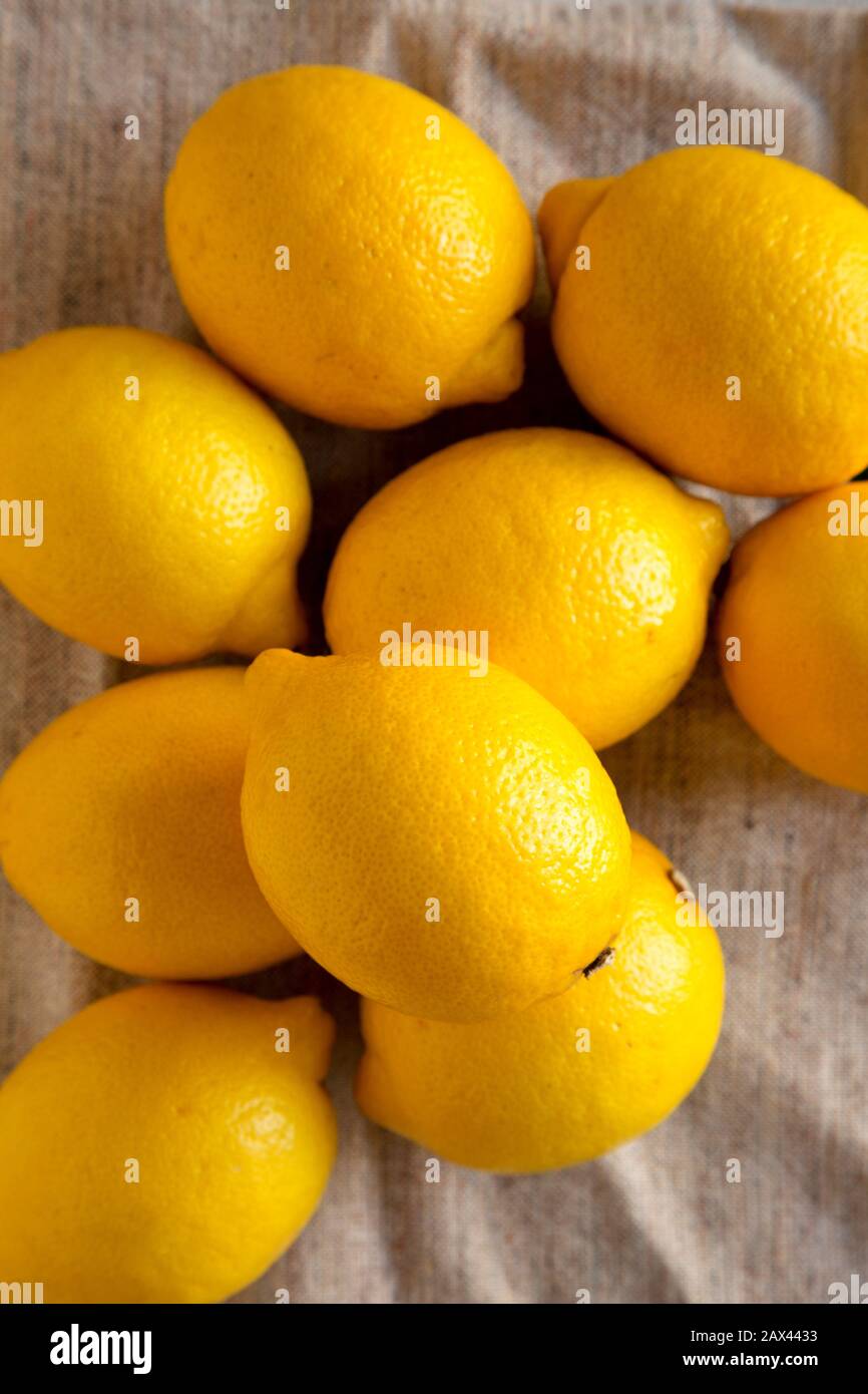 Ripe Yellow Organic Lemons on cloth, view from above. Flat lay ...
