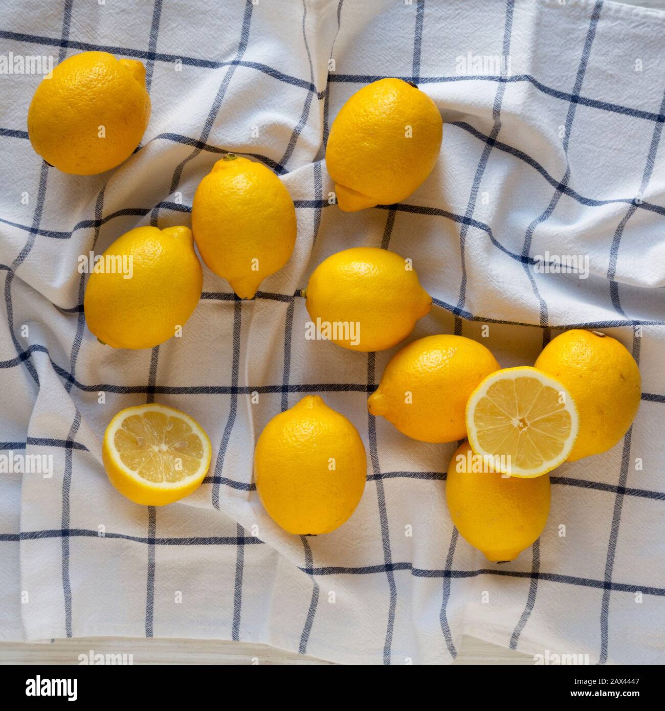 Ripe Yellow Organic Lemons on cloth, view from above. Flat lay ...