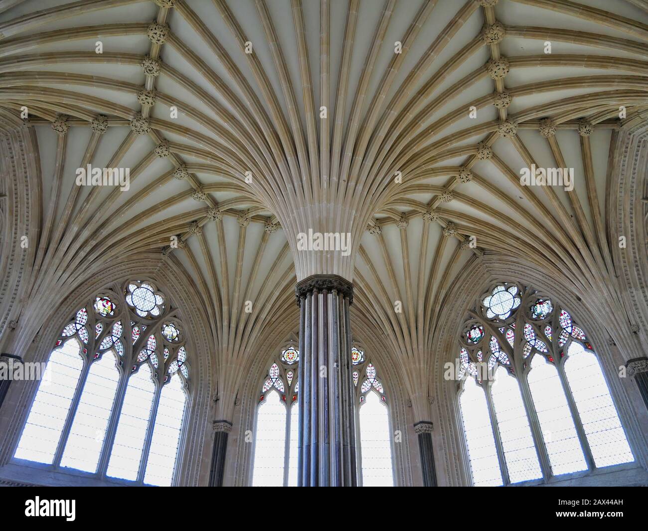 The ornate, vaulted ceiling of the Chapter House at Wells Cathedral ...