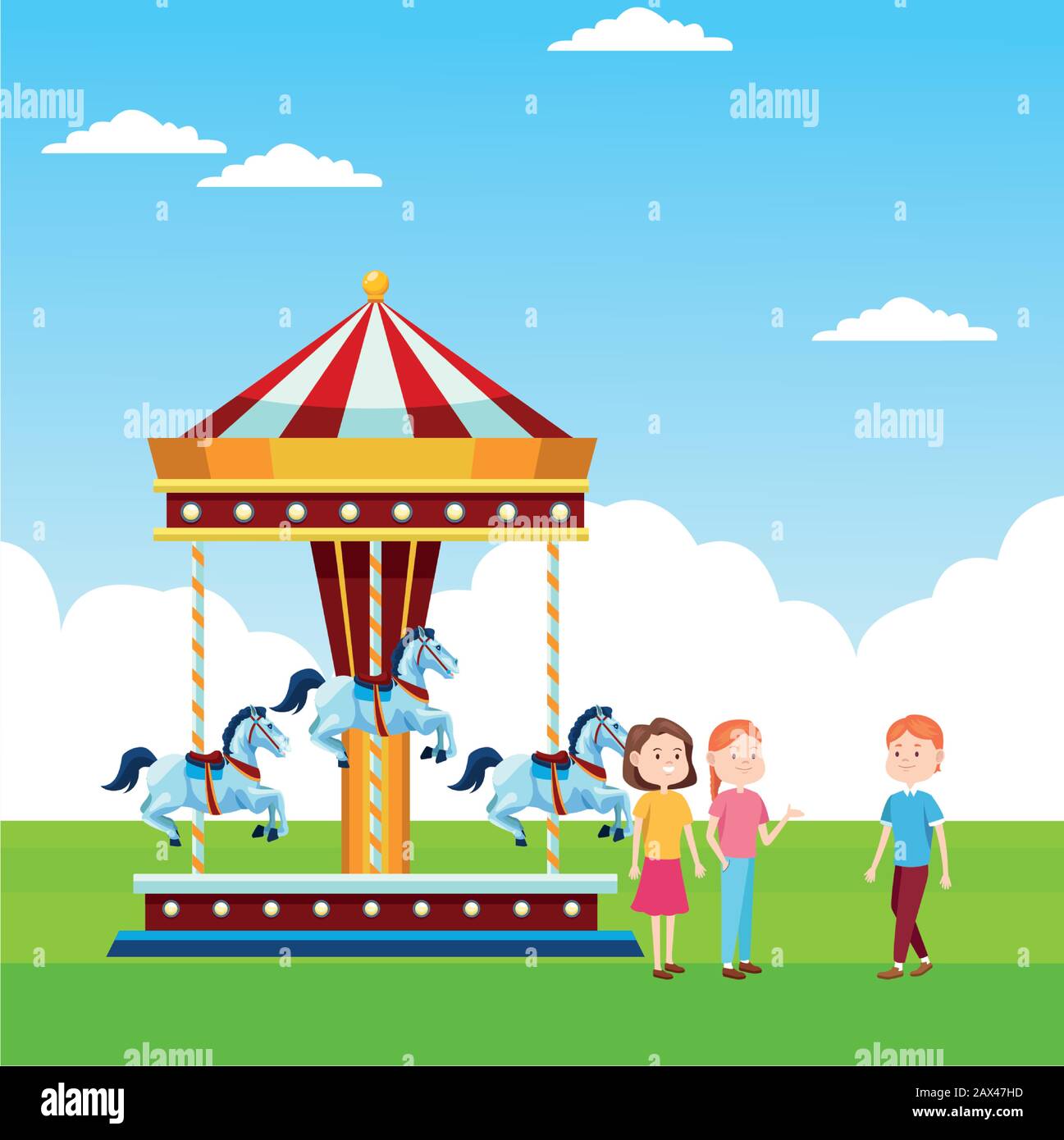 happy people and horses carousel over landscape background Stock Vector ...