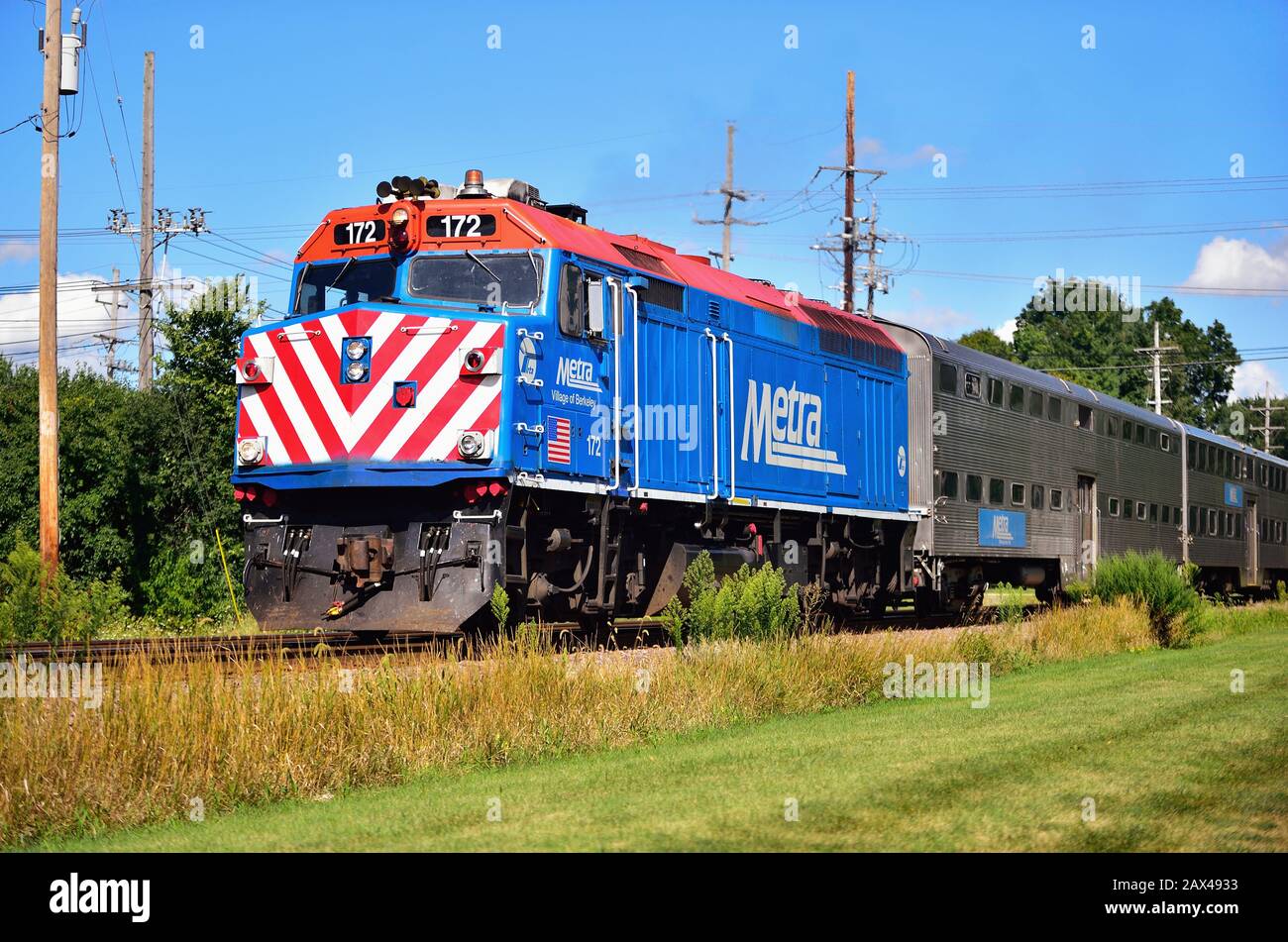 Geneva, Illinois, USA. A Metra locomotive leading an afternoon train ...