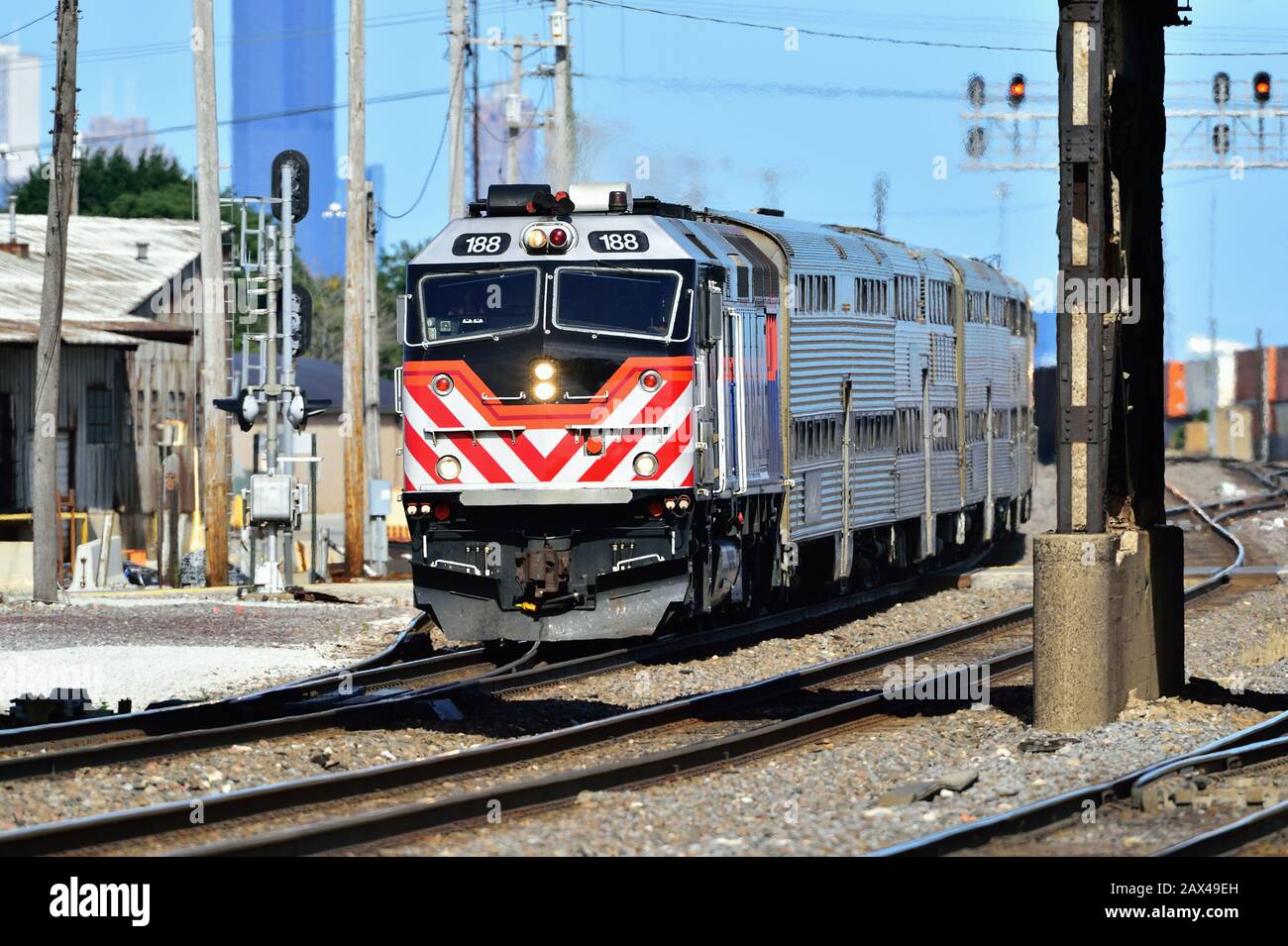 Berwyn, Illinois, USA. A Metra locomotive leading a train bringing commuters home from Chicago ...