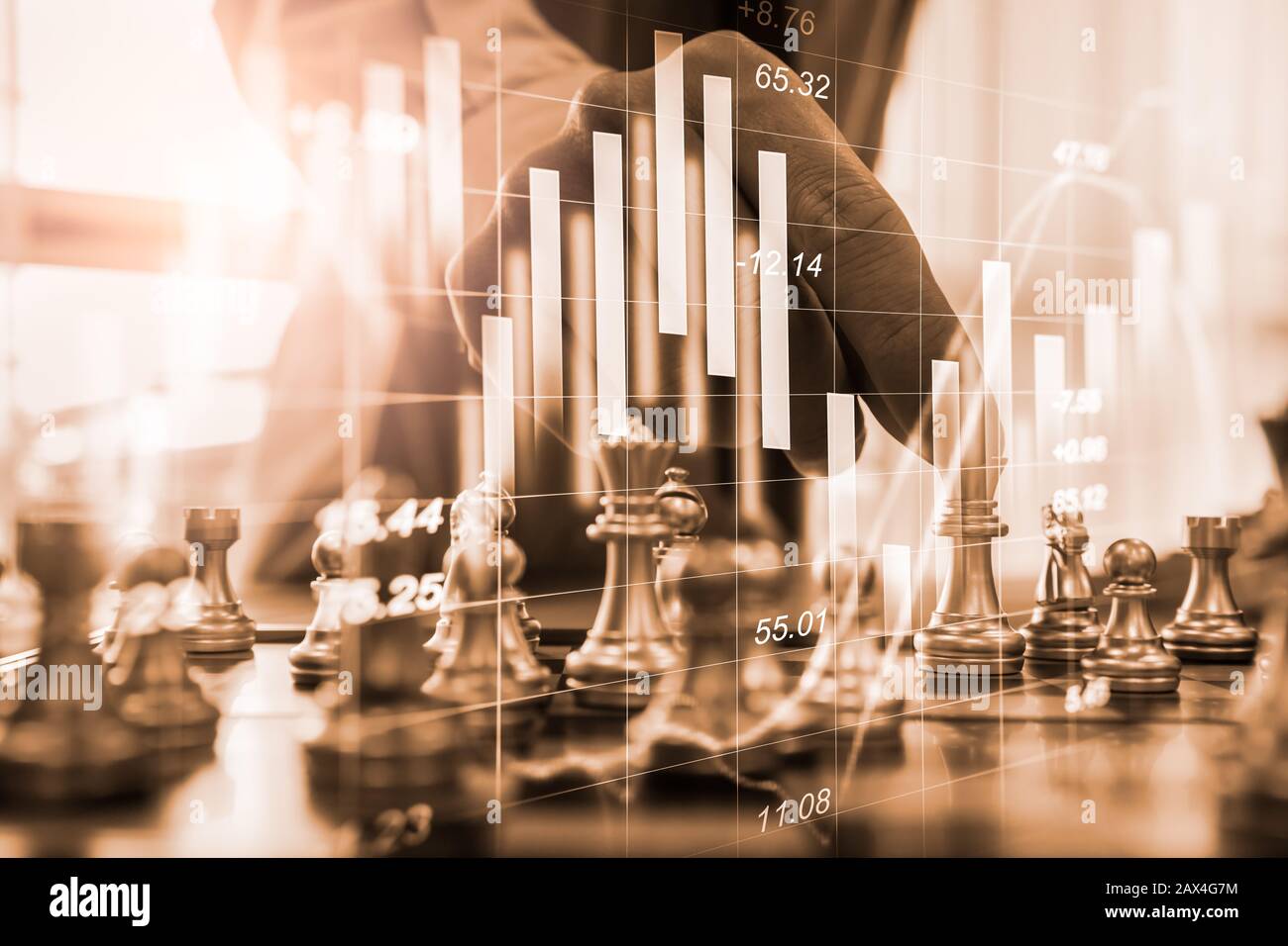 Chess game on chess board on stock market or forex trading graph chart ...
