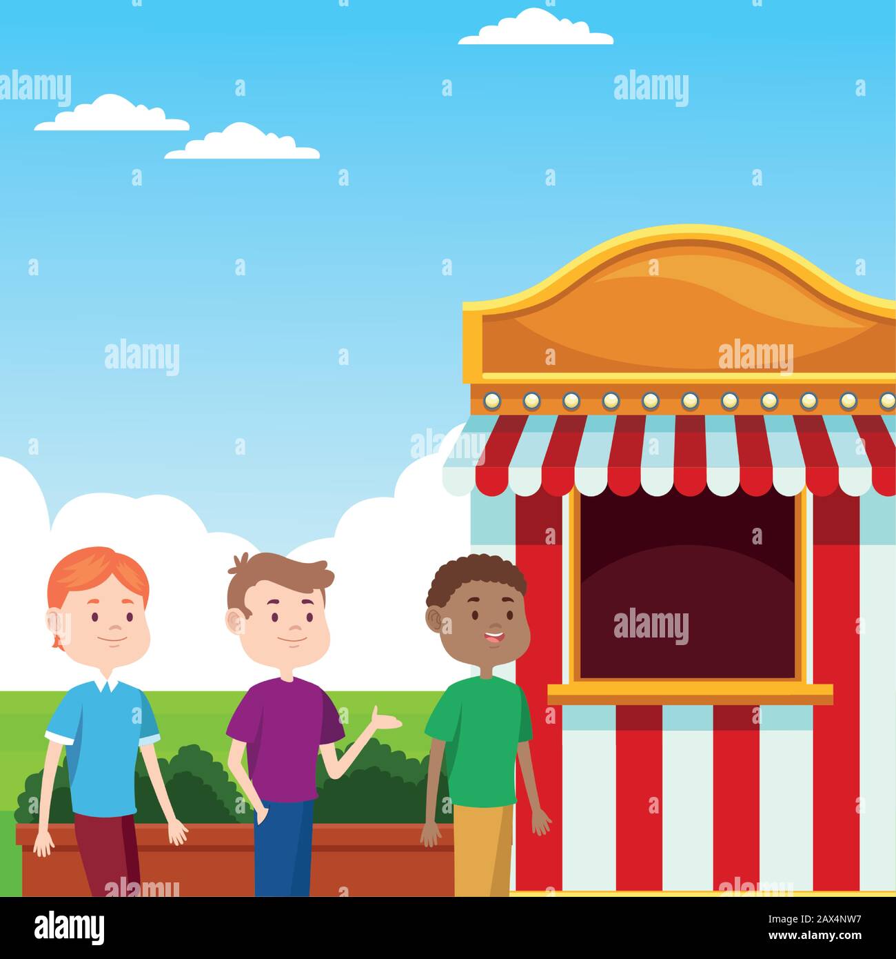 cartoon boys at the fair ticket booth over landscape background ...