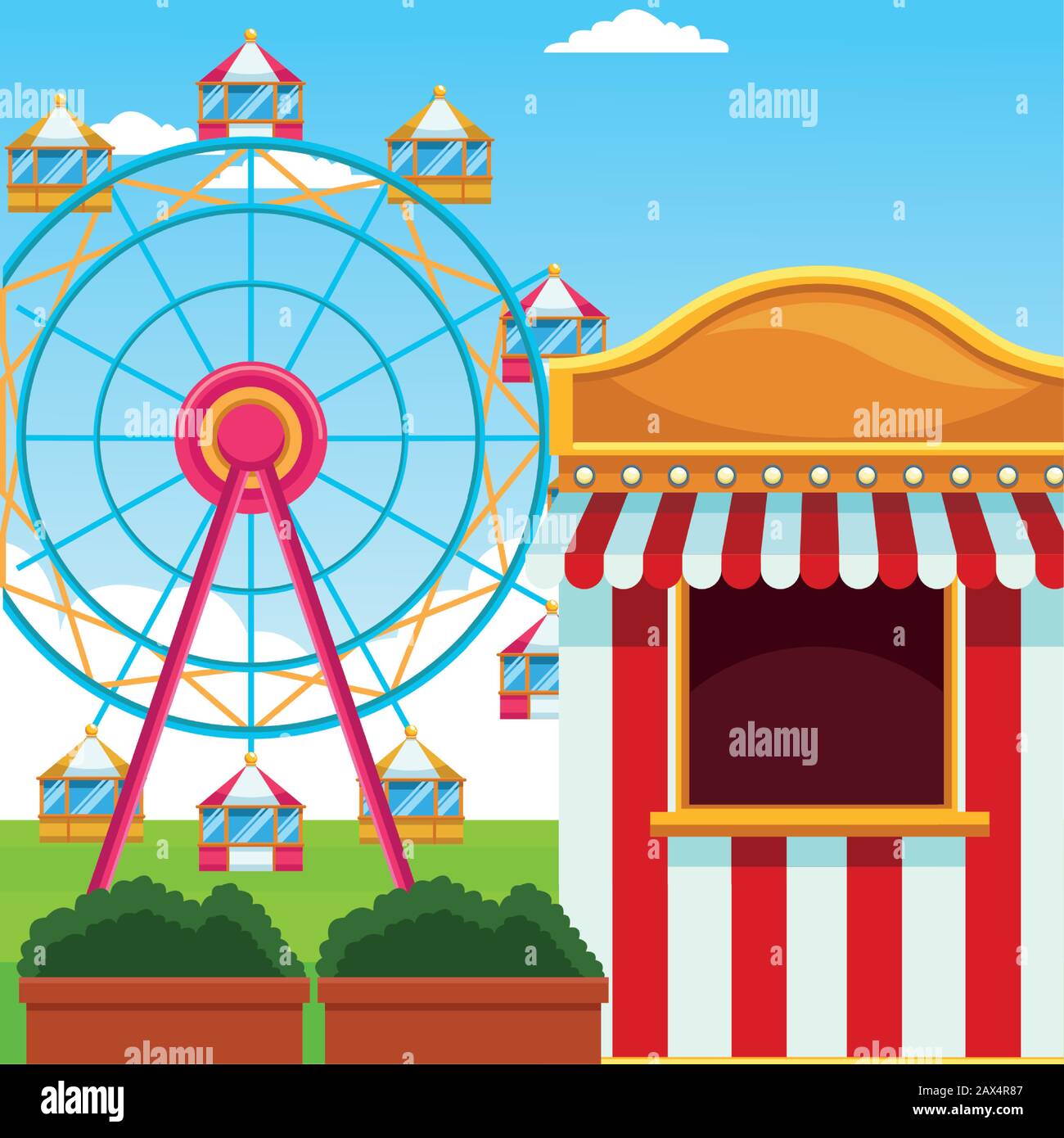 Ferris Wheel And Carnival Ticket Booth Over Landscape Background Stock