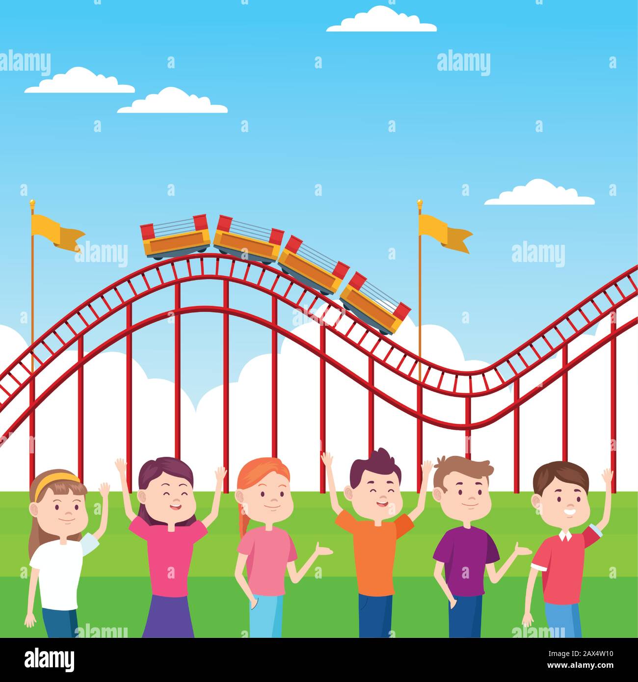 Happy people in the fair over roller coaster background Stock Vector ...