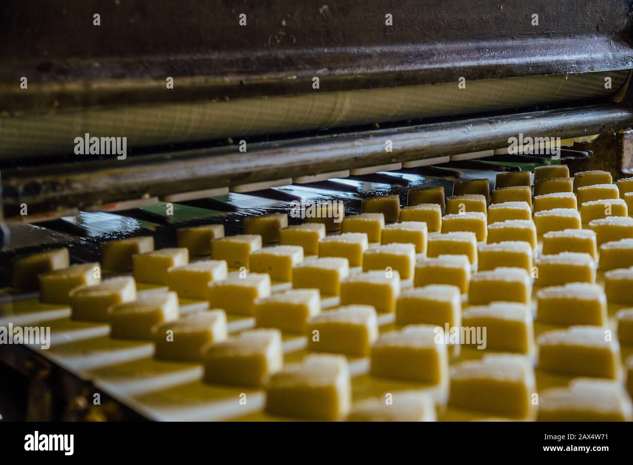 Baking production line. Raw uncooked Cookies in form of hearts after ...