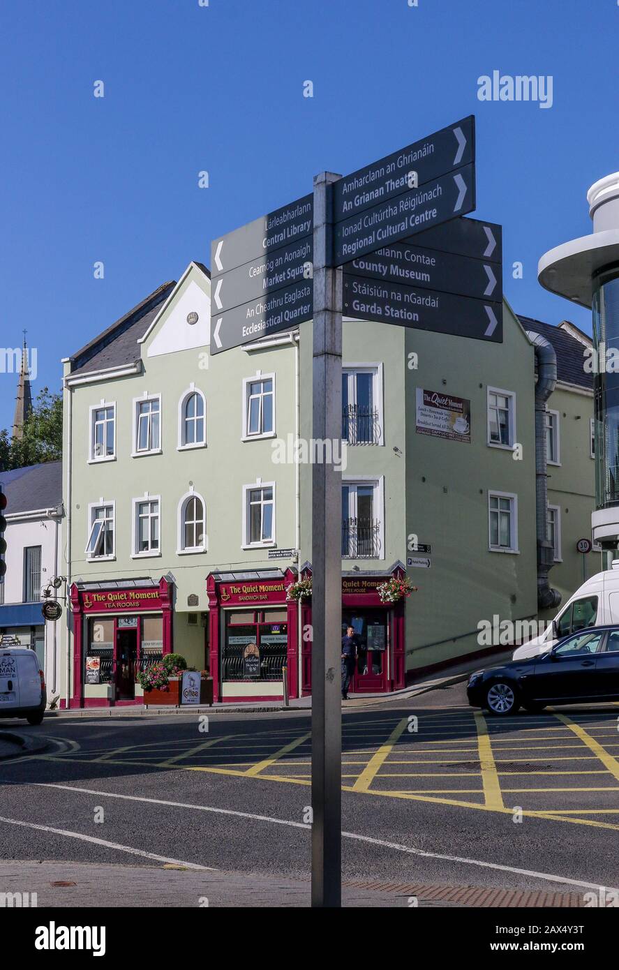 Signpost in the centre of Letterkenny, Ireland pointing out locations ...