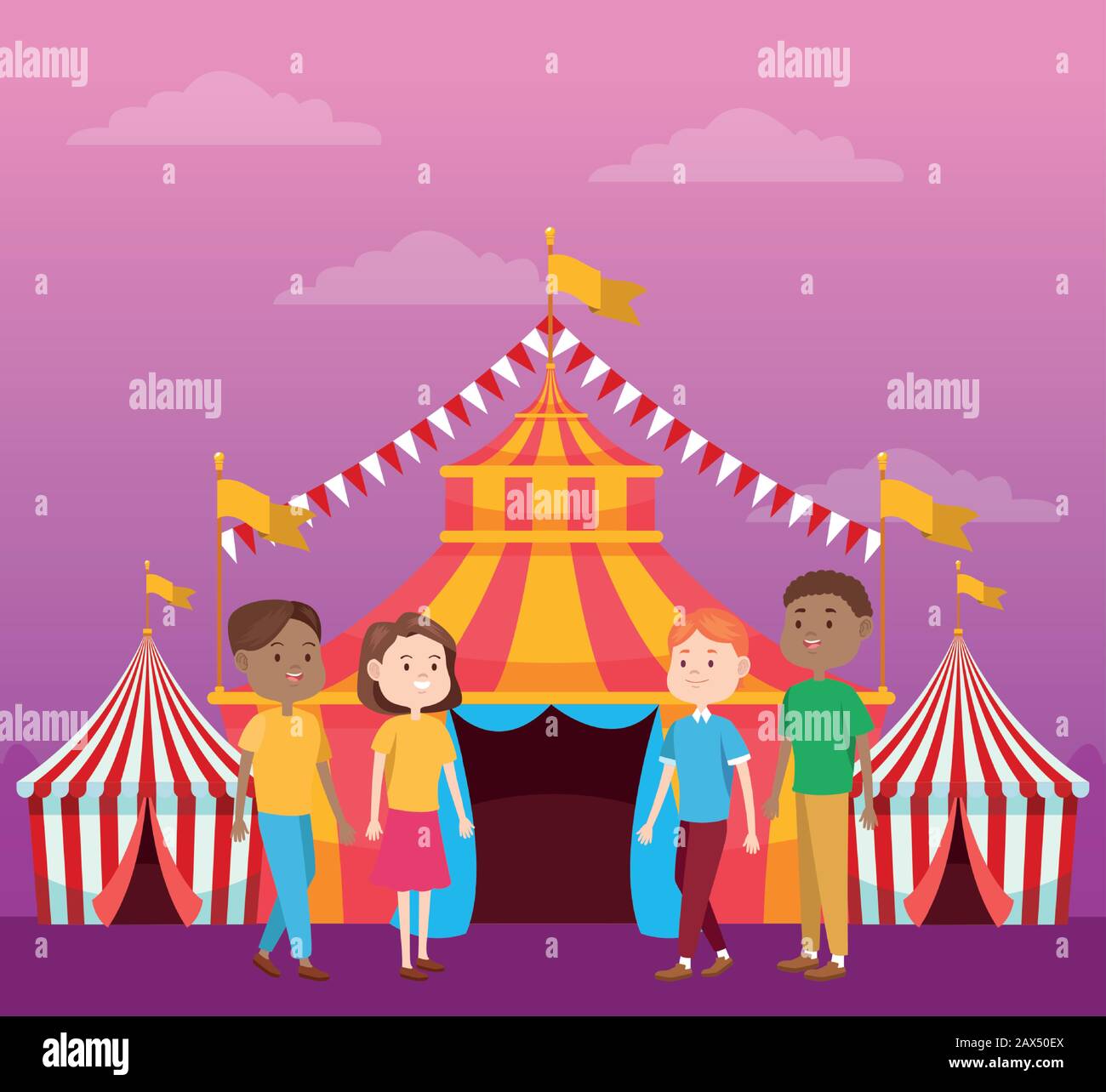 Happy people in the fair over tents and purple background, colorful ...