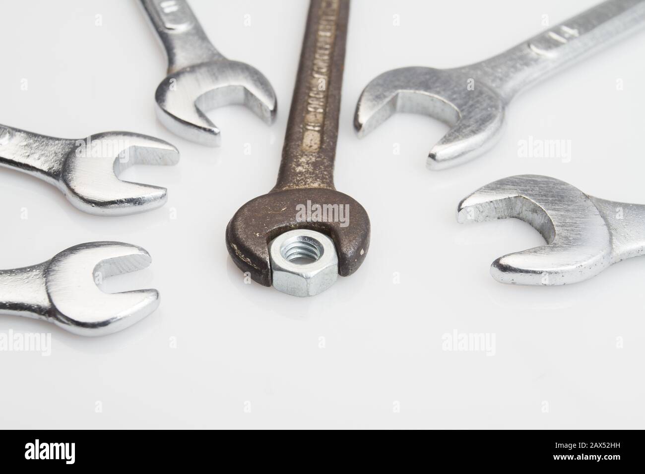 group of English wrenches on the work table Stock Photo - Alamy