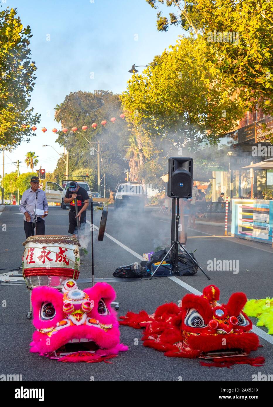 Aboriginal elder doing Welcome to Country ceremony prior Lion dancing ...