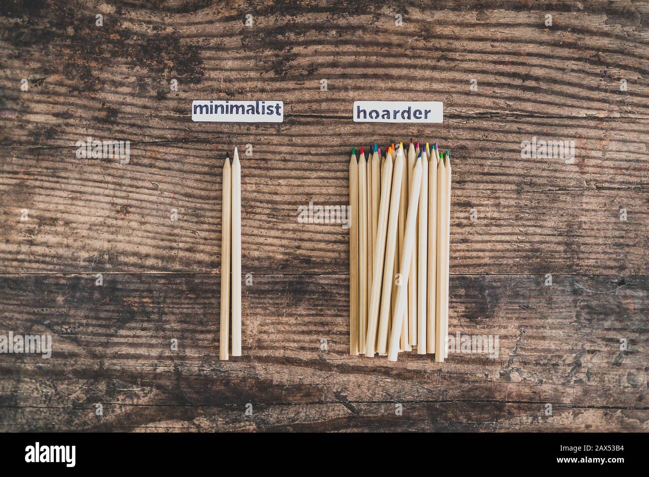minimalist vs hoarder lifestyle conceptual still-life, 2 tidy pencils ...