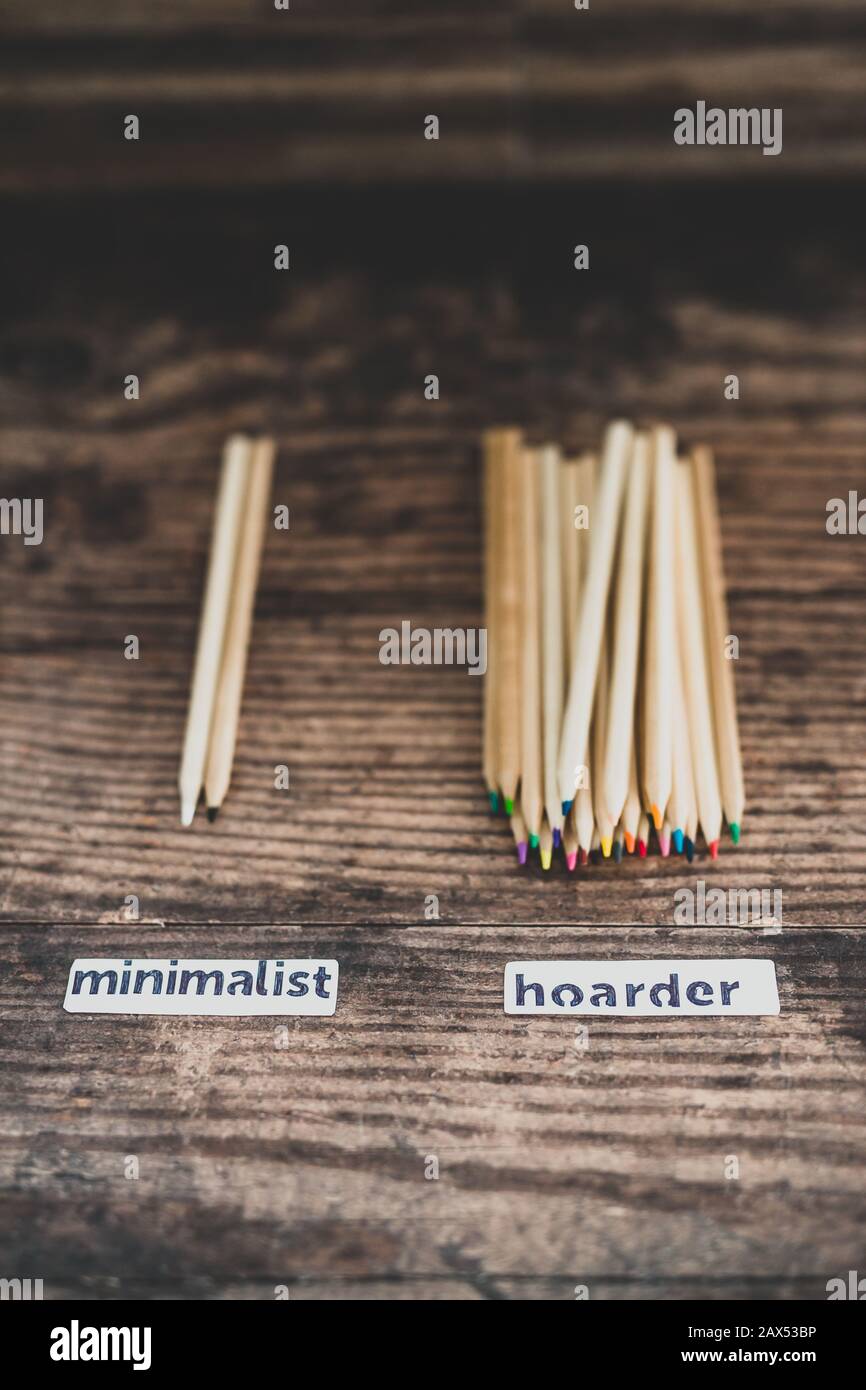 minimalist vs hoarder lifestyle conceptual still-life, 2 tidy pencils ...