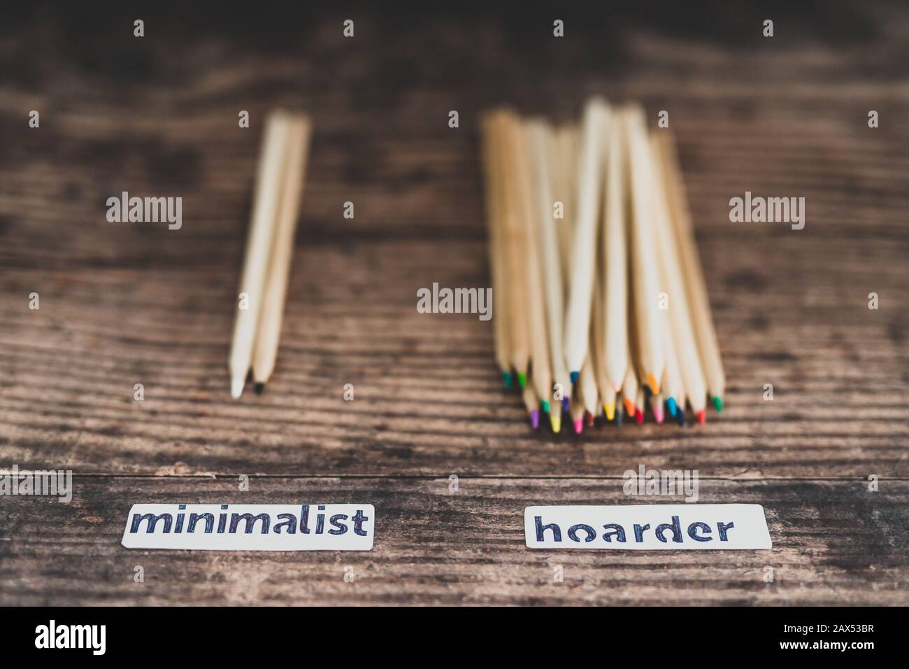 minimalist vs hoarder lifestyle conceptual still-life, 2 tidy pencils ...