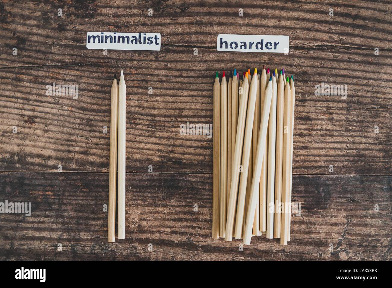minimalist vs hoarder lifestyle conceptual still-life, 2 tidy pencils ...
