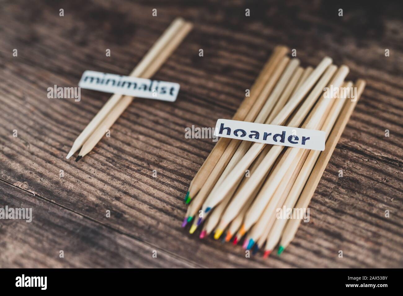 minimalist vs hoarder lifestyle conceptual still-life, 2 tidy pencils ...