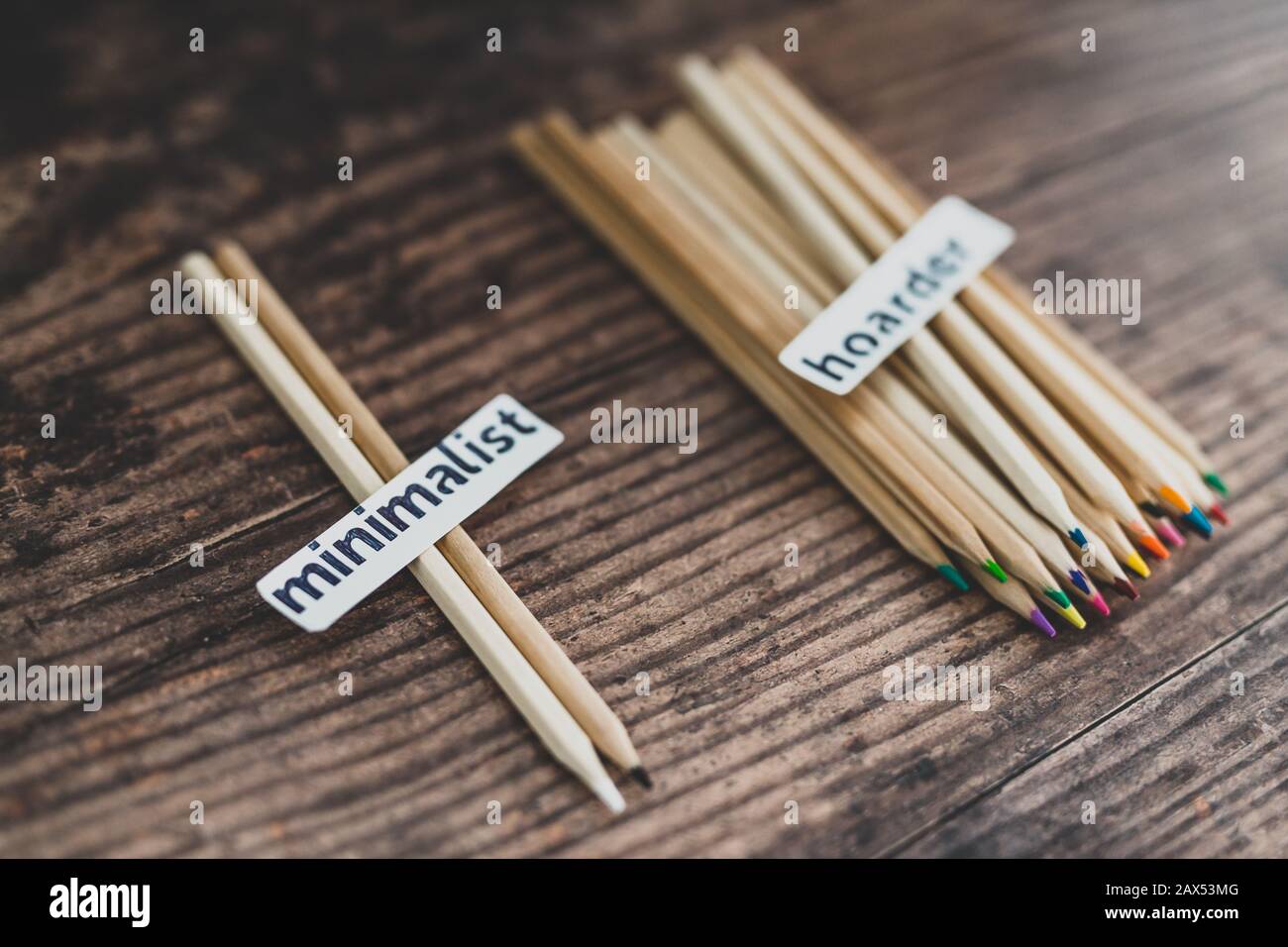 minimalist vs hoarder lifestyle conceptual still-life, 2 tidy pencils ...