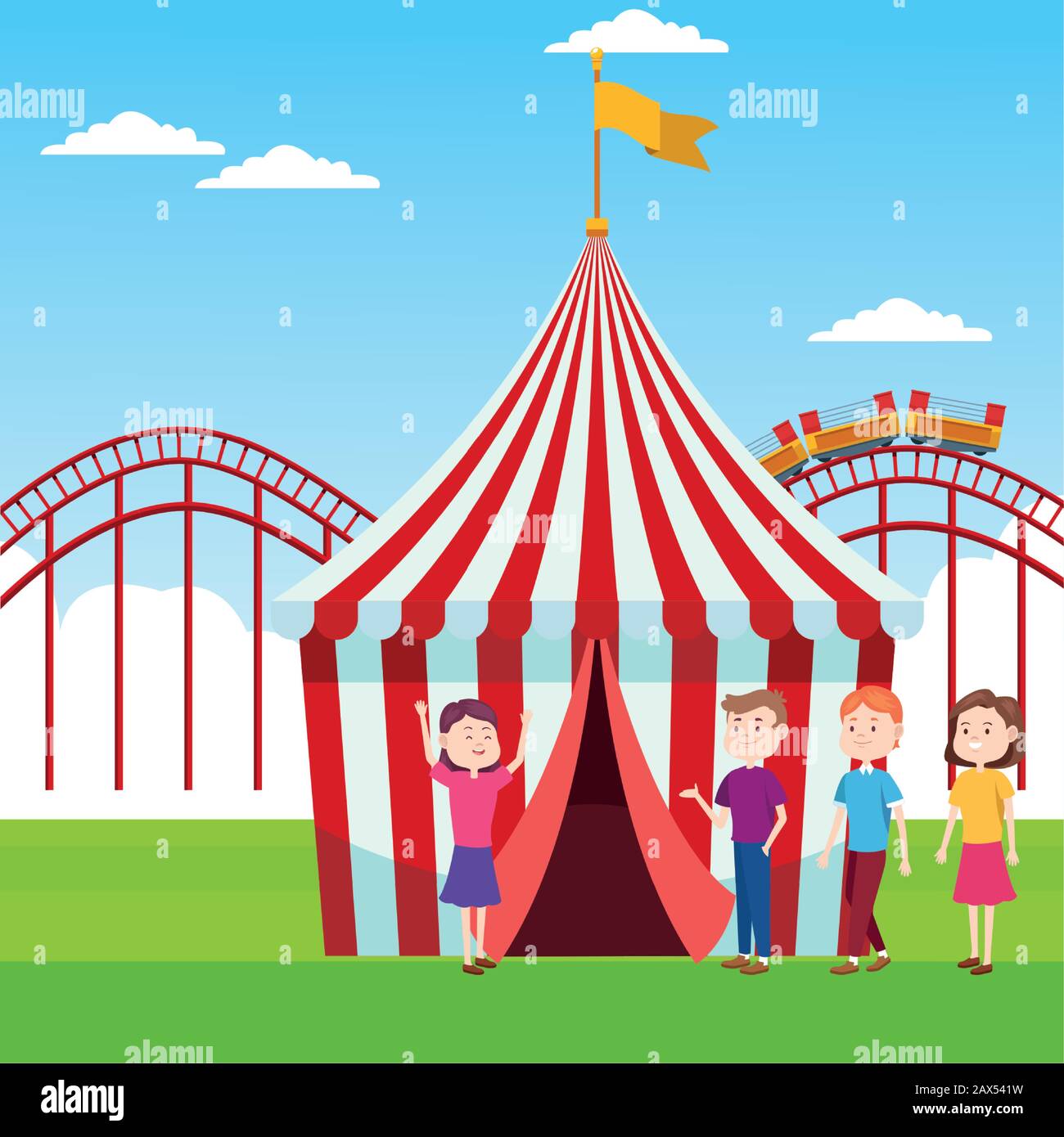 fair tent and people standing over roller coaster and landscape ...