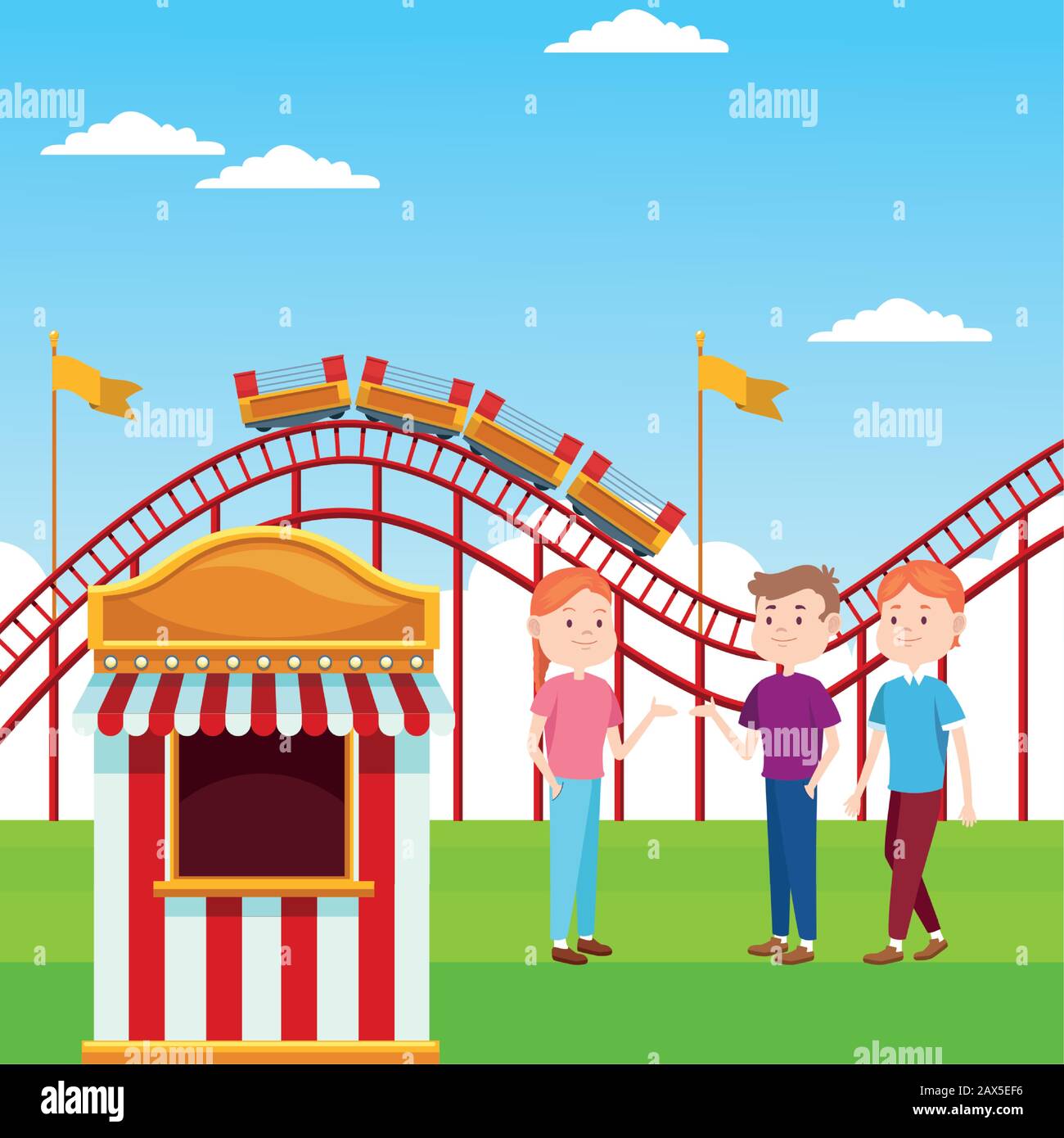 ticket booth and happy people standing over roller coaster and ...