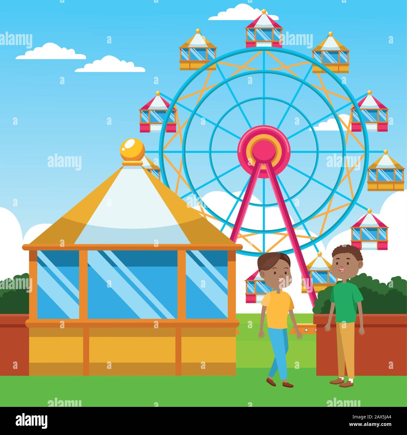 cartoon boys standing over ferris wheel and landscape background ...