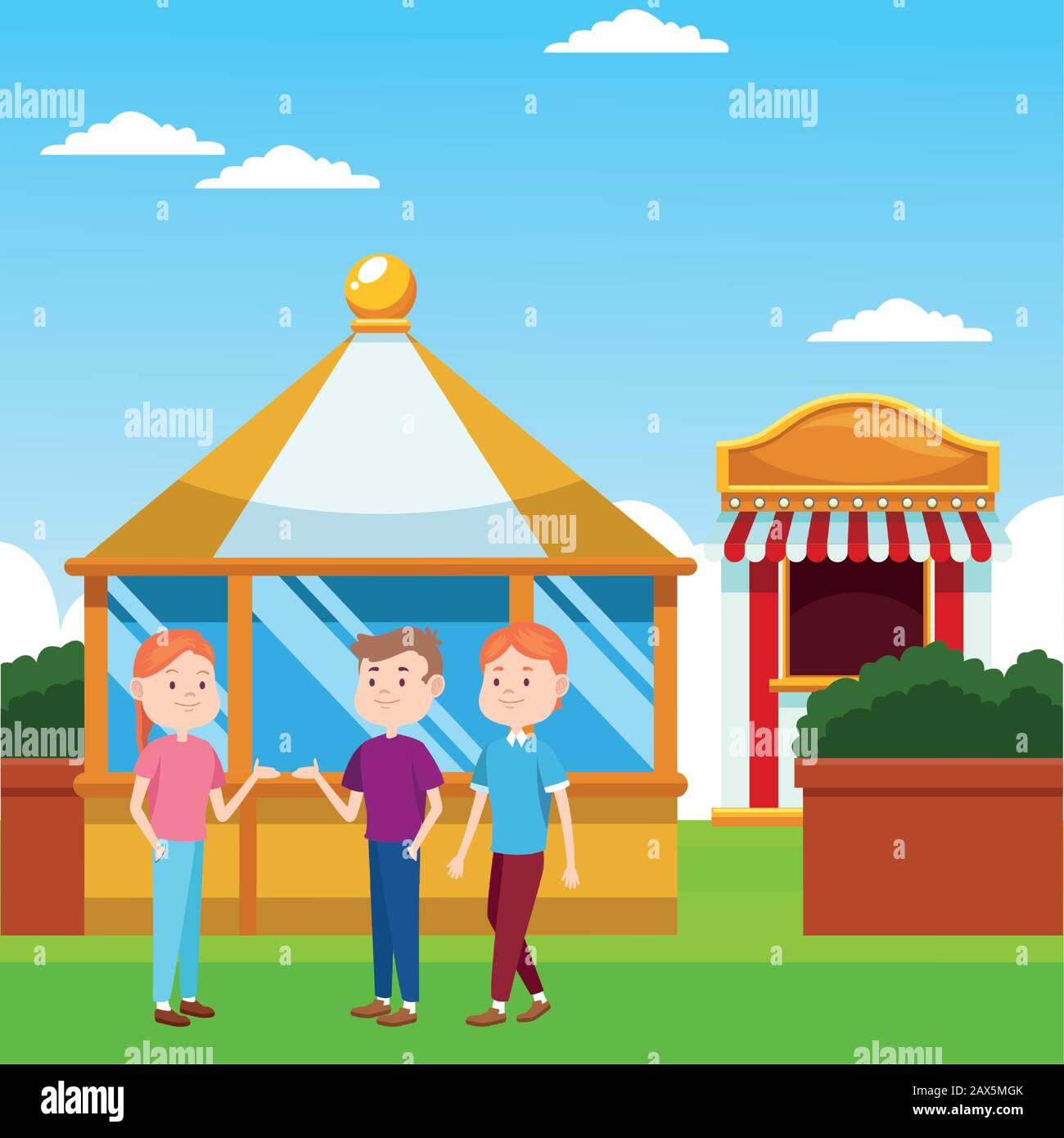 Happy people in the fair over ticket booth and landscape background ...