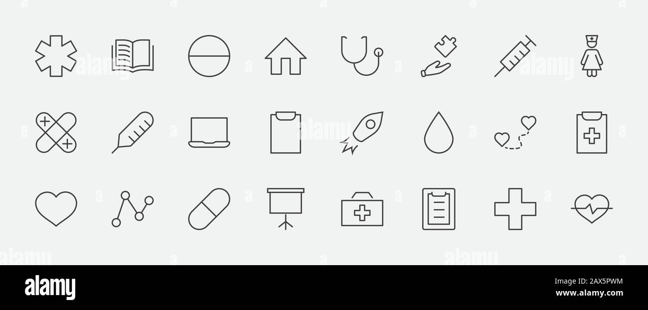 Set of Medicine vector line icons. It contains the first aid kit, nurse ...
