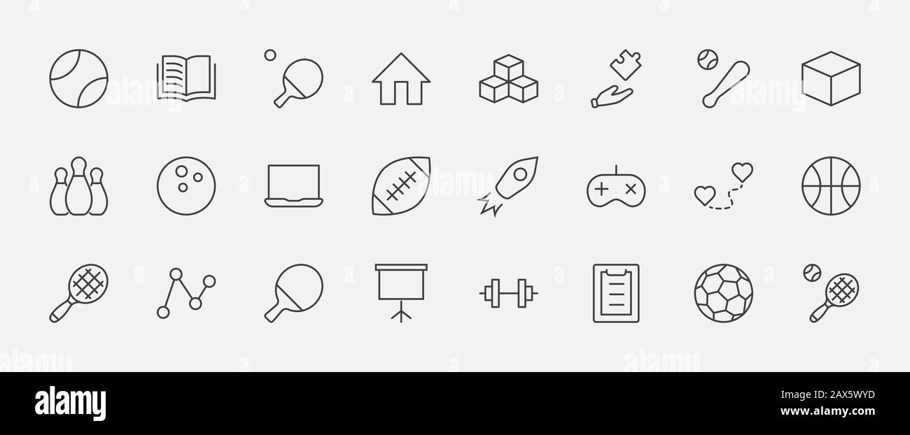 Set of Sports balls, hobbies, entertainment vector line icons. It ...