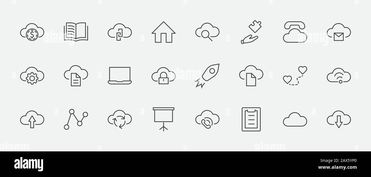 Set of Cloud Vector Line Icon. It contains Symbols to Upload, Download ...