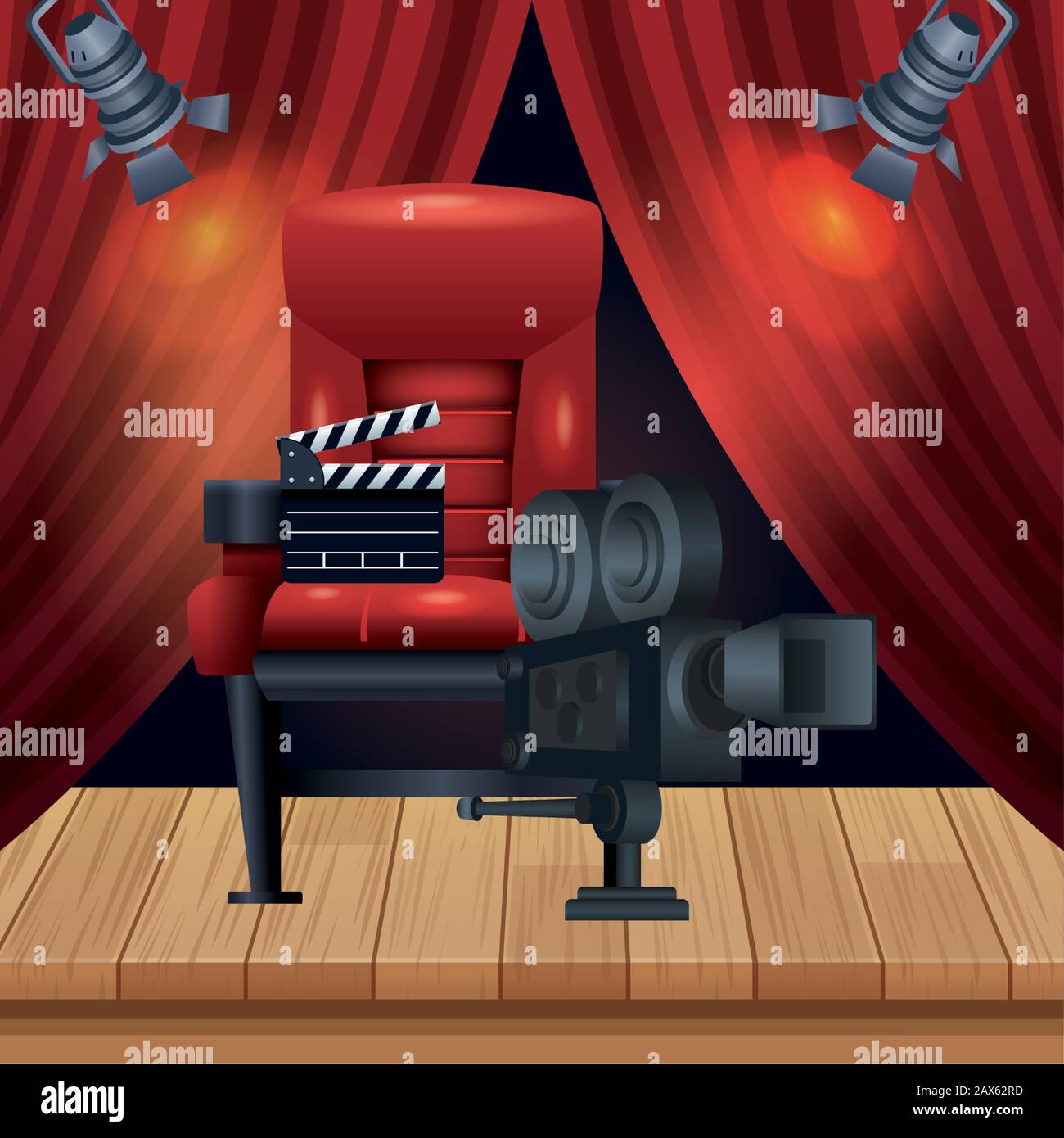 cinema chair with clapboard and film camera over theater red curtains ...