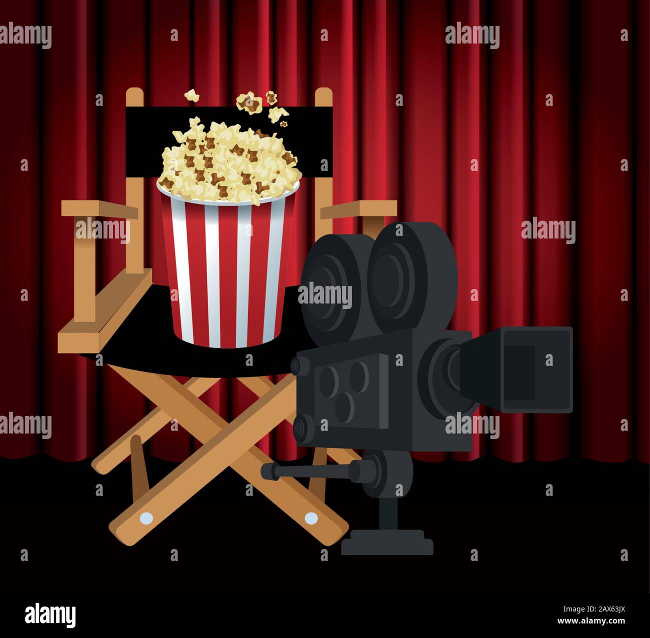 directors chair with popcorn bucket and film camera Stock Vector Image ...