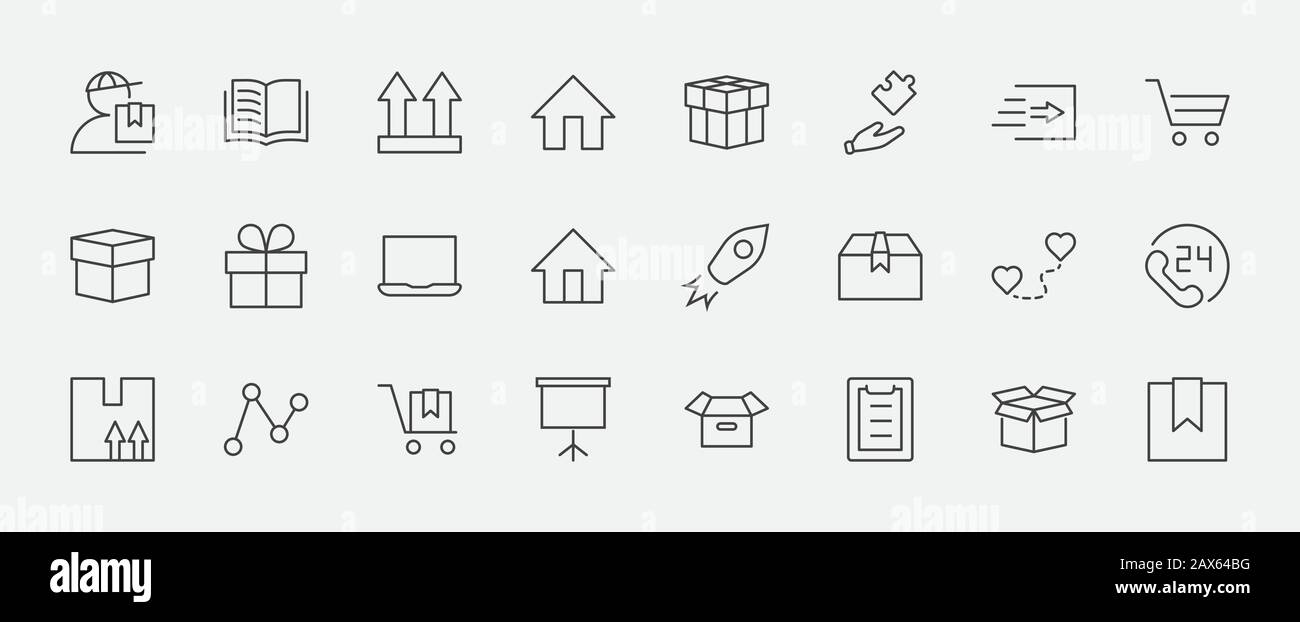 Set of Shipping vector line icon. It contains symbols to box, home and ...