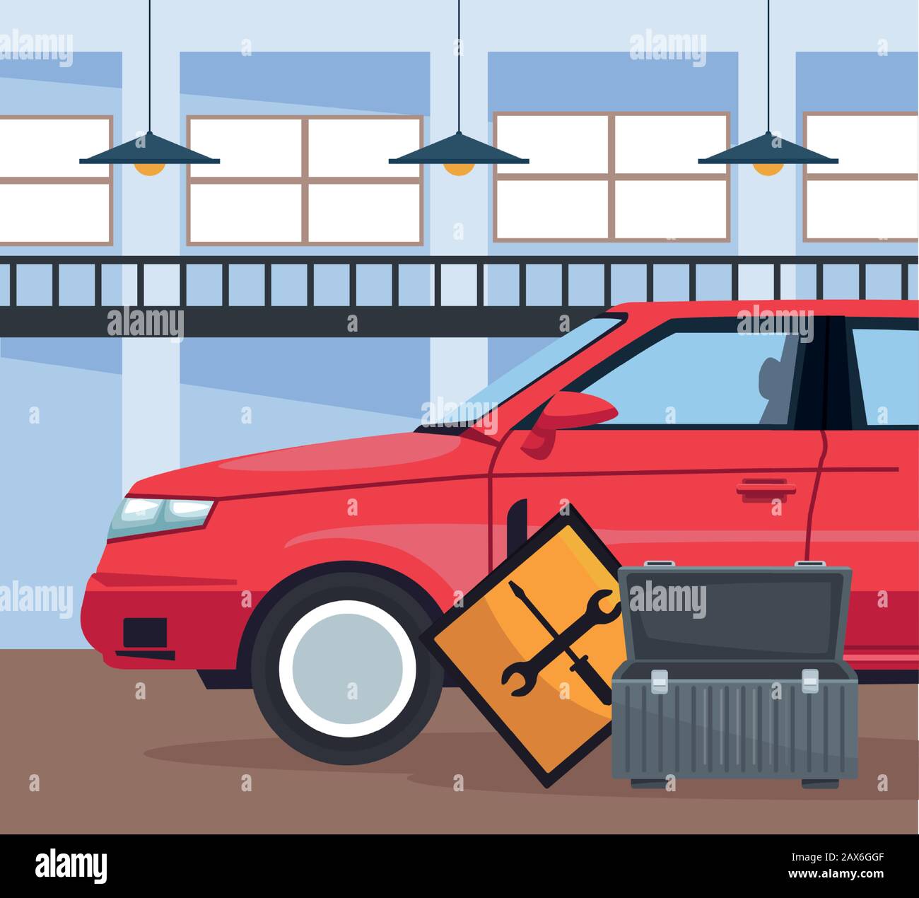 car repair shop with red car and tools box and road sign Stock Vector ...
