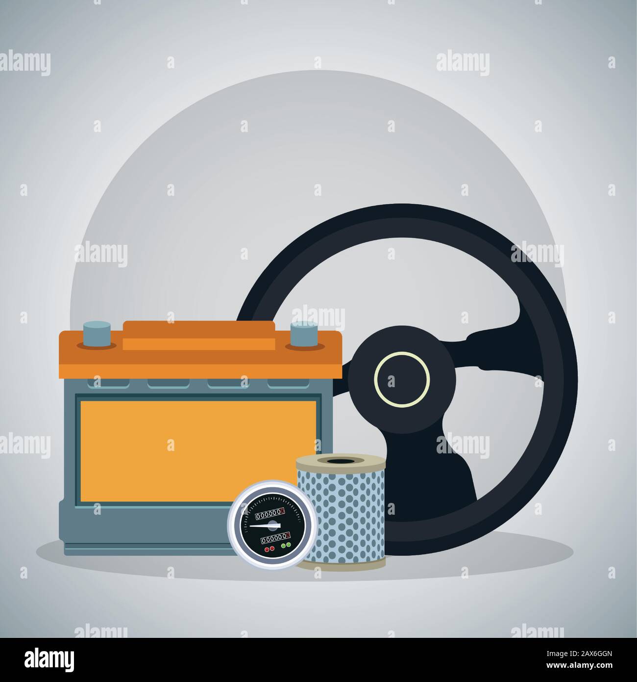 steering wheel with car battery and air filter, colorful design Stock ...