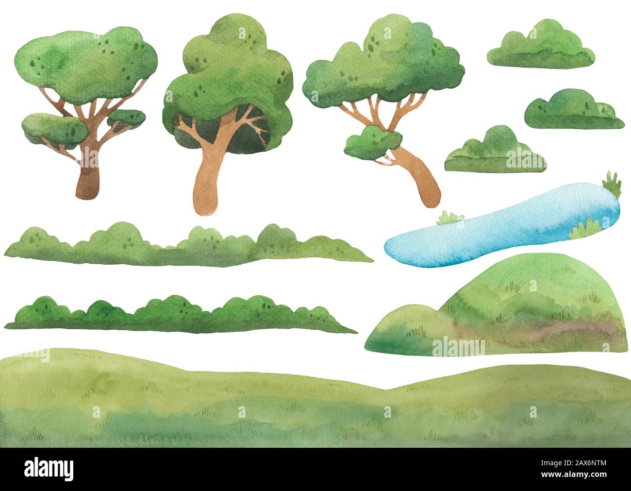 Watercolor set for landscape. Trees, bush, grass Stock Photo - Alamy