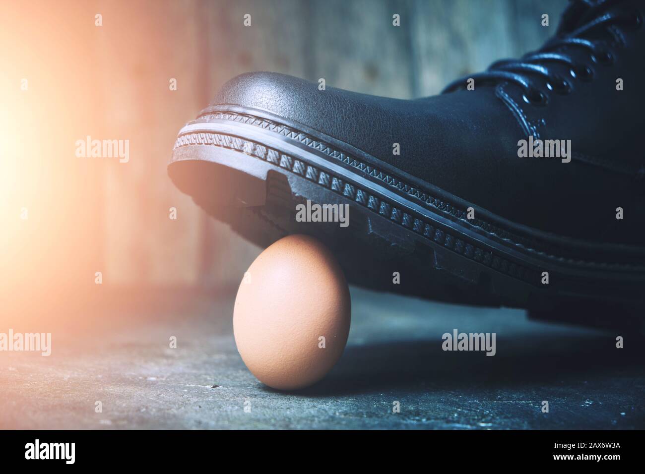 Black boot steps on a fragile chicken egg. The concept, the weak ...