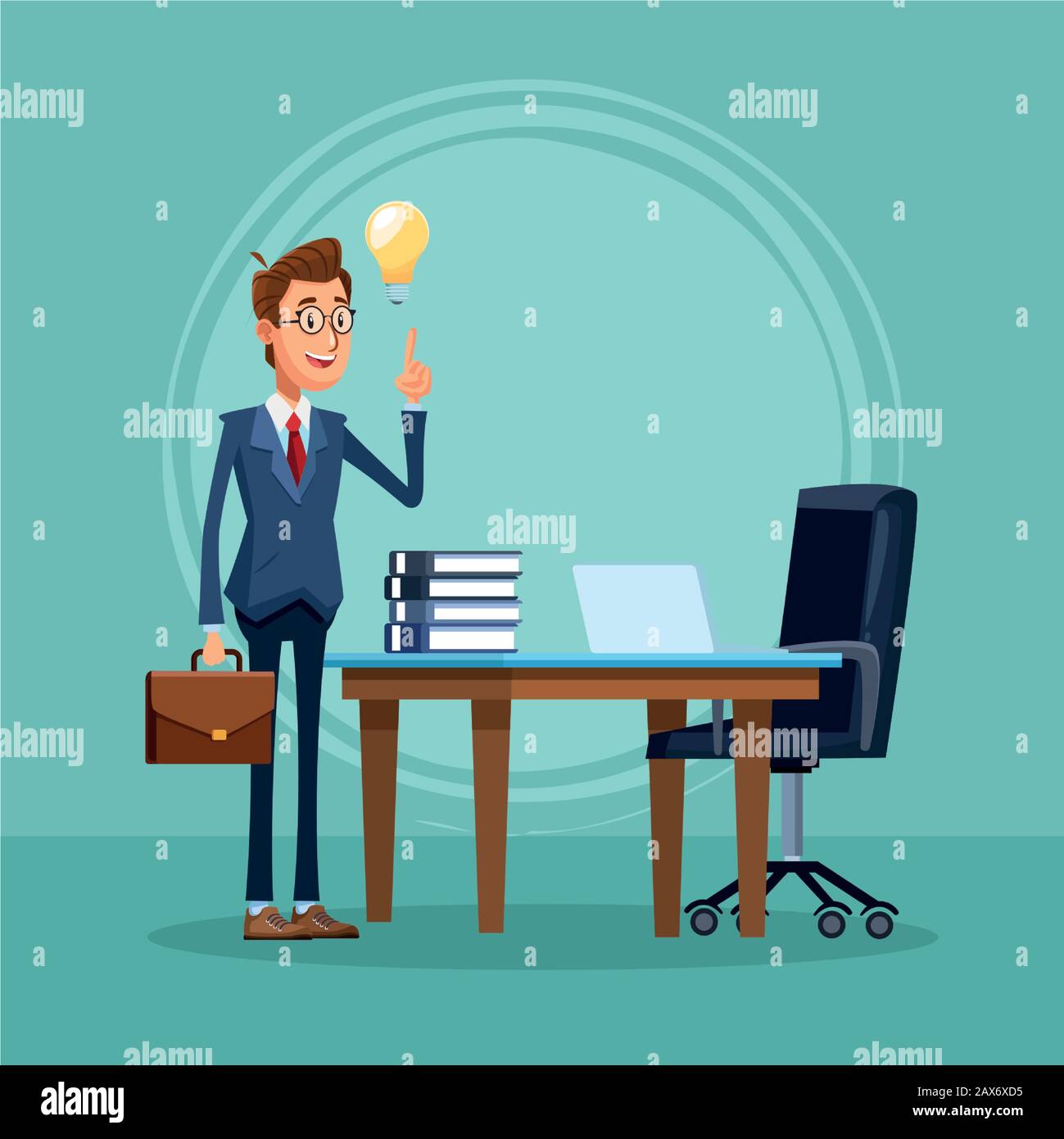 cartoon businessman standing in front of office desk with laptop ...