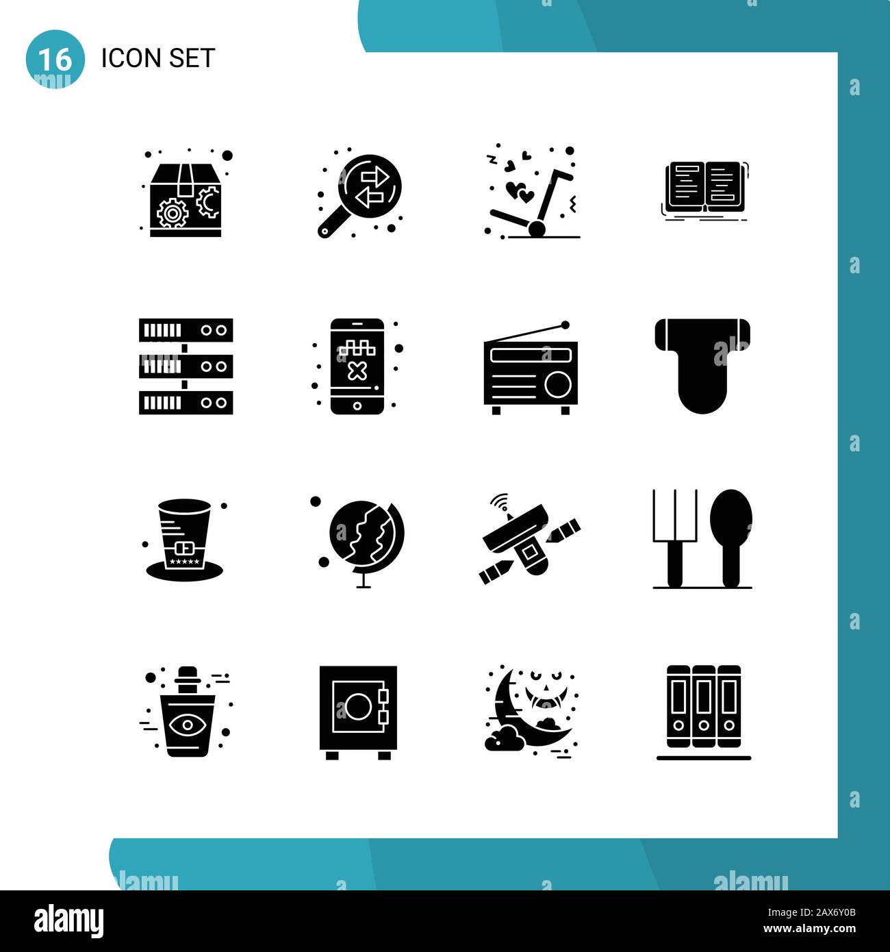 Vector Pack of 16 Glyph Symbols. Solid Style Icon Set on White ...