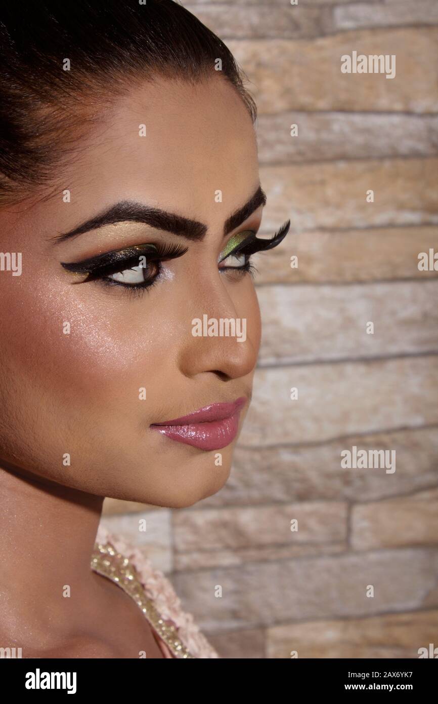 Model girl with elegant hairstyle. Face Close-up, looking sideways ...