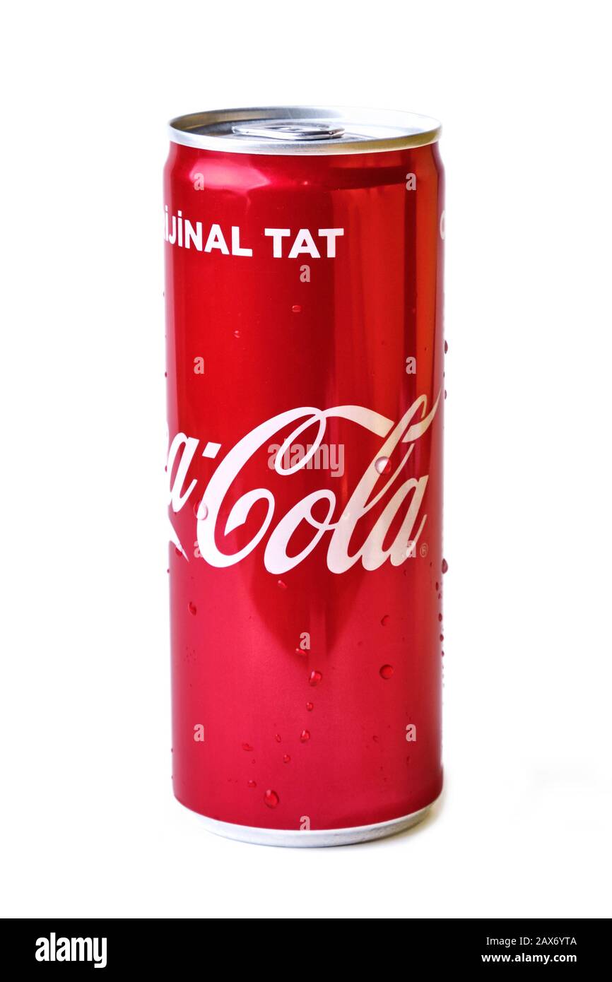 Mersin, Turkey - February 2020. Chilled Coca Cola can with water drops ...