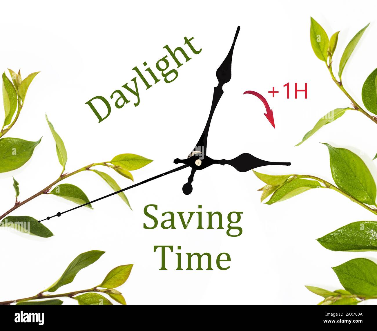 Daylight Saving Time (DST). Blue sky with white clouds and clock. Turn ...